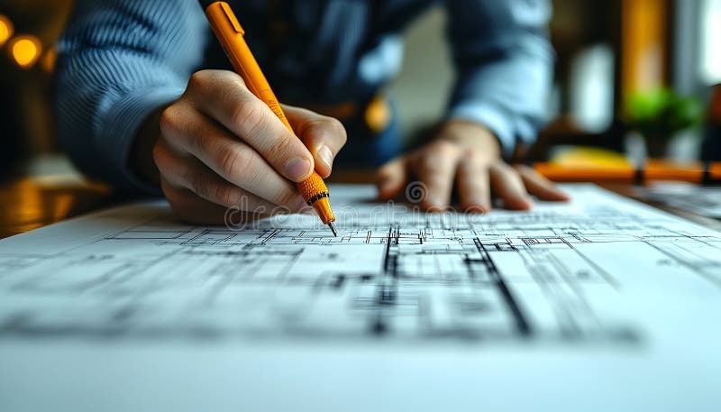 Architect Reviewing Construction Documentation at the Project Workplace ...