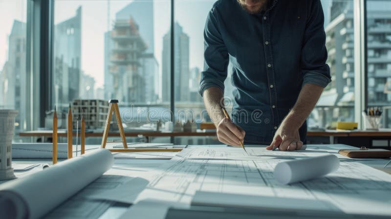 Architect Reviewing Construction Plans in Modern Office AIG41 Stock ...