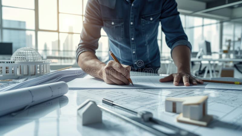 Architect Reviewing Construction Plans in Modern Office AIG41 Stock ...