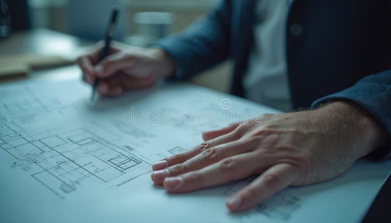 Architect Reviews Blueprint Plans. Hand with Pen Draws Technical Details on Architectural Design ...