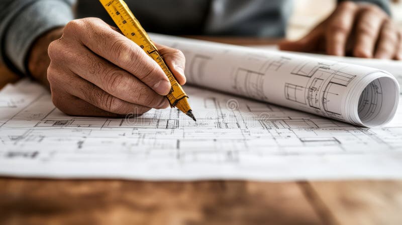 Architect Reviews Blueprints, Using a Ruler To Measure for a New ...