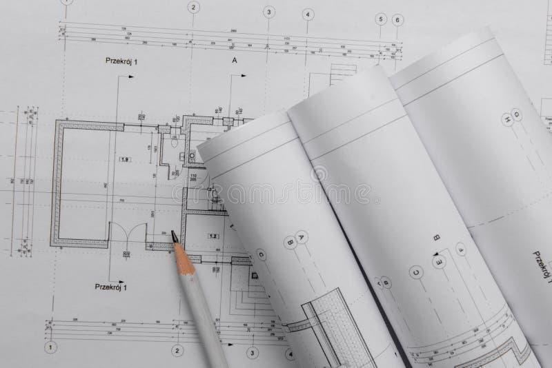 Architect Rolls and Architectural Plan, Technical Project Drawing ...