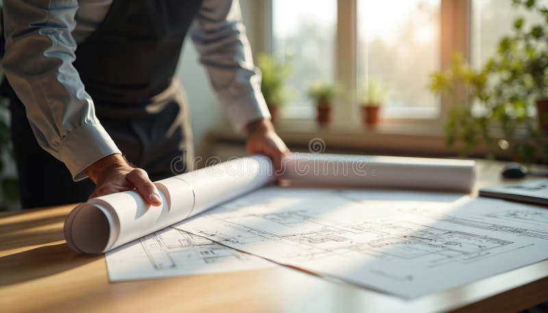 Architect Rolls Architectural Plan with Technical Project Drawings on ...