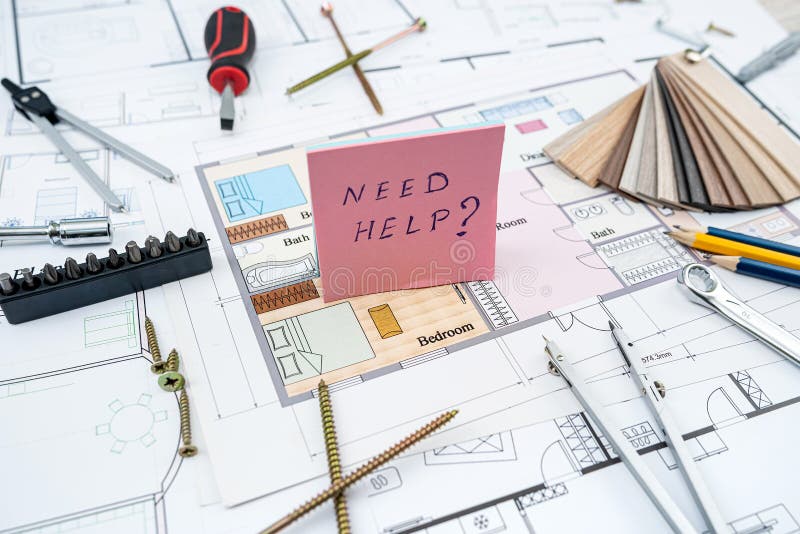 Architect with Rolls and Technical Project Drawing Plan. Top View of ...