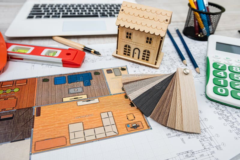 Architect with Rolls and Technical Project Drawing Plan. Top View of ...