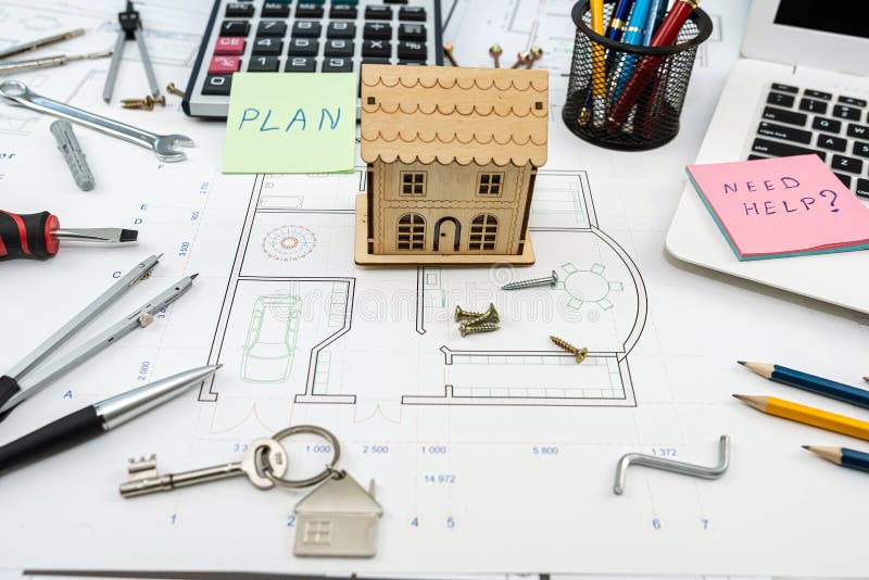 Architect with Rolls and Technical Project Drawing Plan. Top View of ...