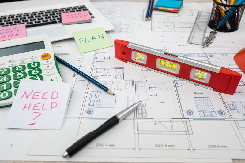 Architect with Rolls and Technical Project Drawing Plan. Top View of ...