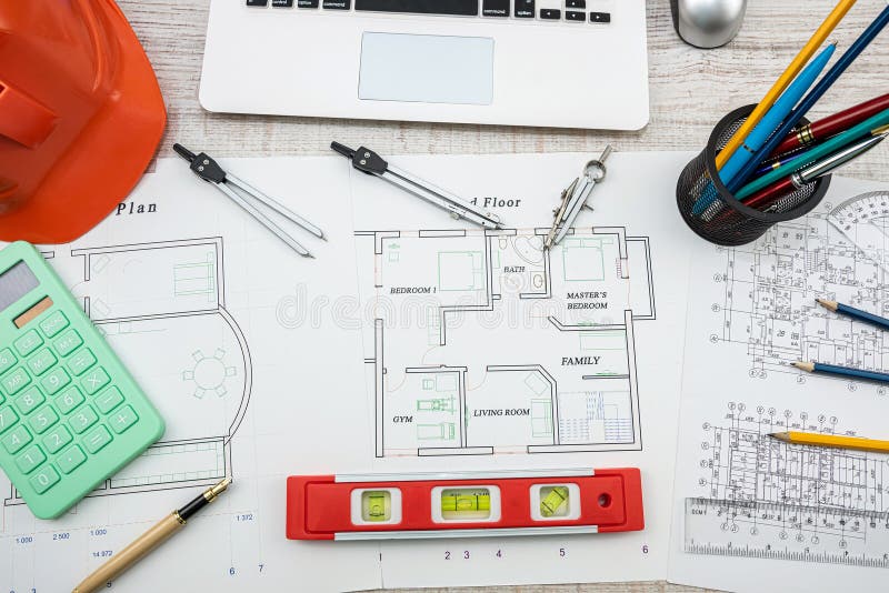 Architect with Rolls and Technical Project Drawing Plan. Top View of ...