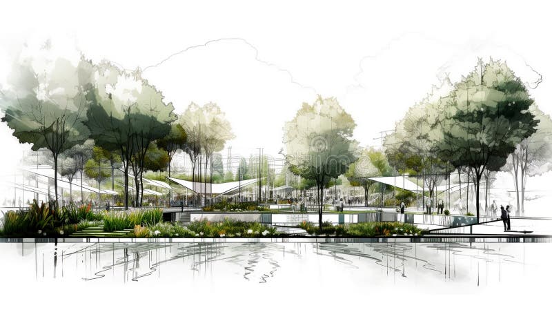 Architect S Concept Sketch Drawing of a Public Park within the Urban ...