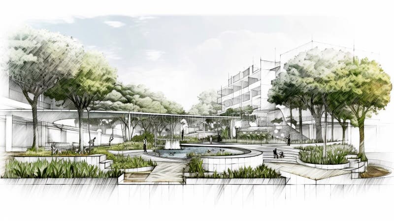 Architect S Concept Sketch Drawing of a Public Park within the Urban ...