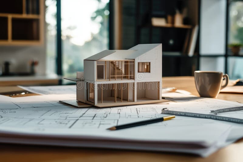 Architect S Creative Workspace with 3D House Model, Blueprints, and ...