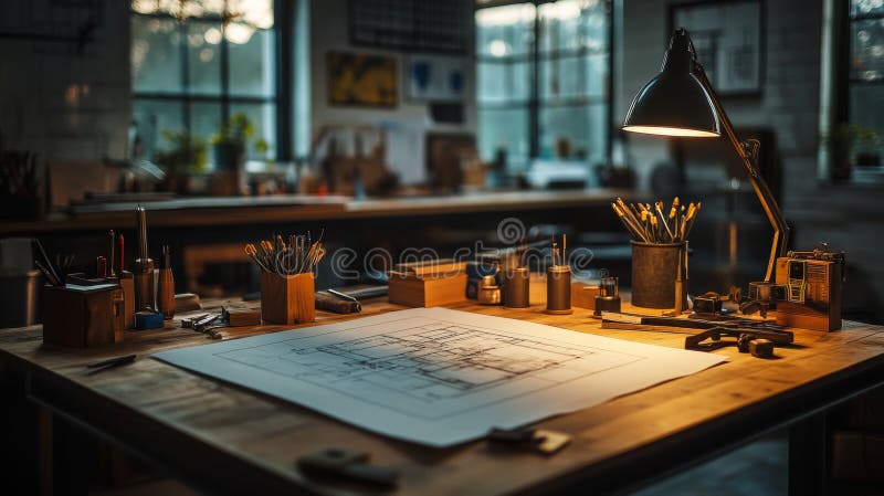 Architect S Desk Blueprint, Design Tools. Workspace, Technical Drawing ...