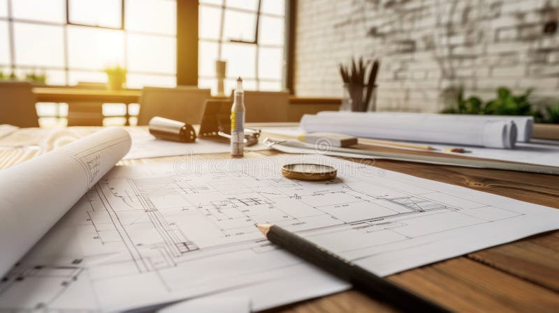An Architect S Desk with Blueprints, a Drafting Compass Stock ...