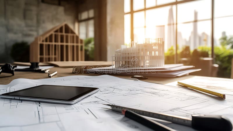 An Architect’s Desk Featuring a Digital Tablet, Measuring Tools, and ...