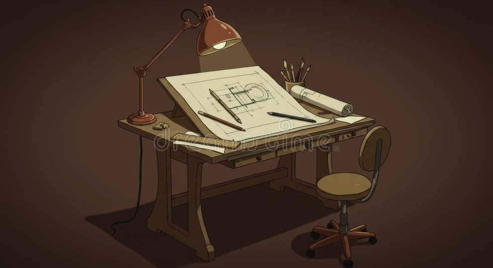 Architect S Drafting Table with Blueprint, Desk Lamp, and Drafting ...