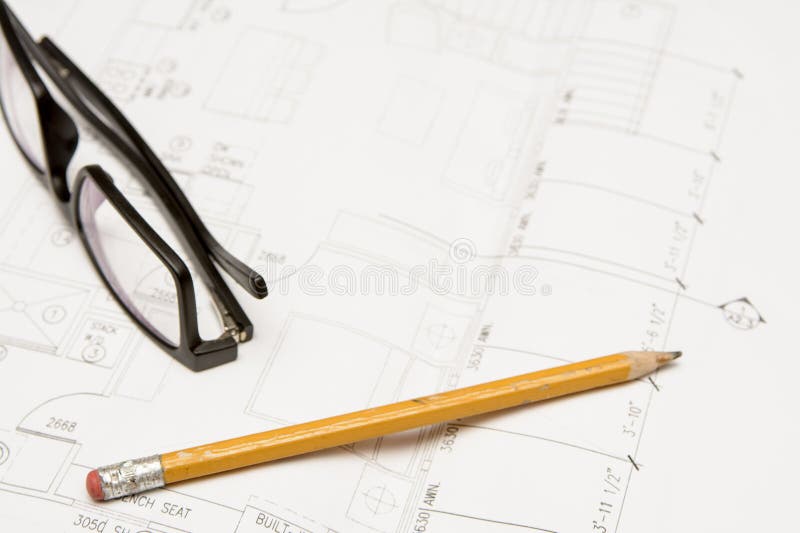 Blueprint, Glasses, and Pencil Stock Image - Image of tool, home: 371258001