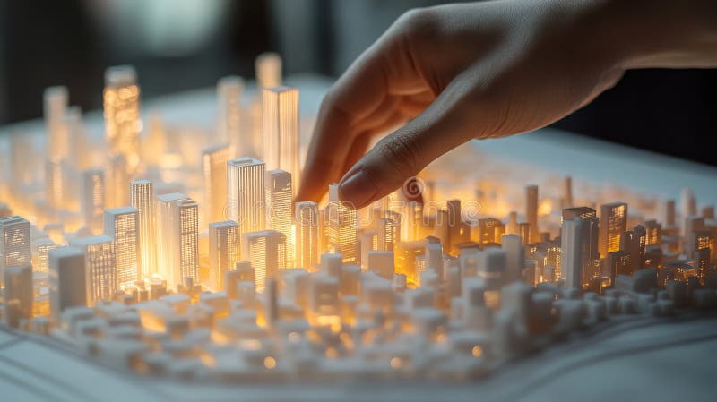 Architect S Hand Fine Tuning a Glowing City Model, Representing Urban ...