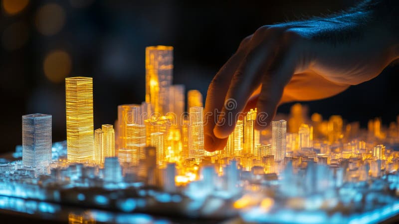 Architect S Hand Fine Tuning a Glowing City Model, Representing Urban ...