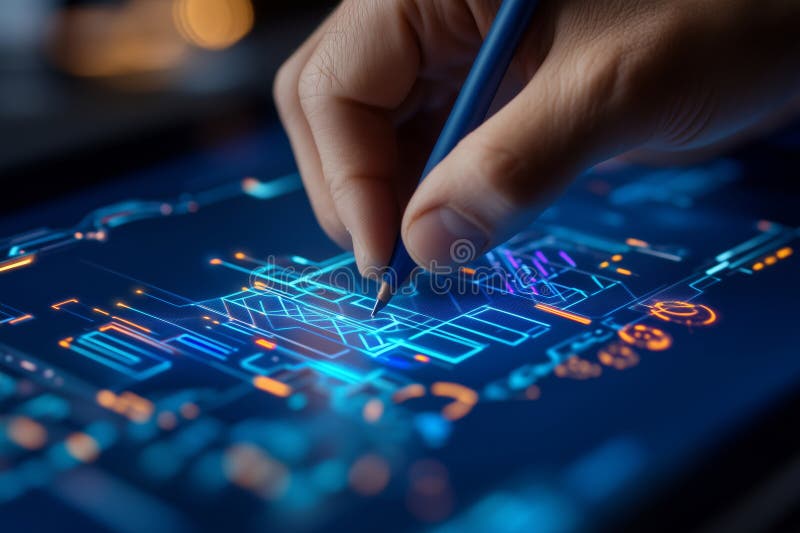 An Architect S Hand Meticulously Sketches a Vibrant Digital Blueprint ...