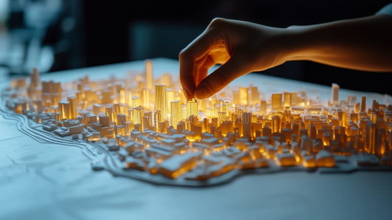 Architect S Hand Modifying a Lighted City Model Representing Urban ...