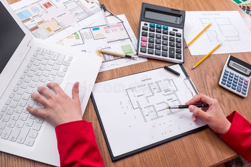 Architect`s Hands with House Plan, Calculator Stock Image - Image of ...