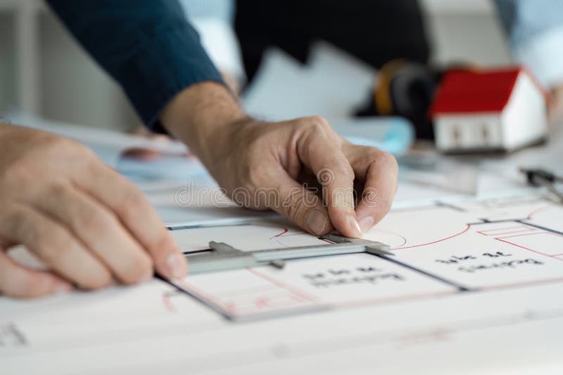 Architect& X27;s Hands Working on Blueprint with Scale Ruler and Model ...