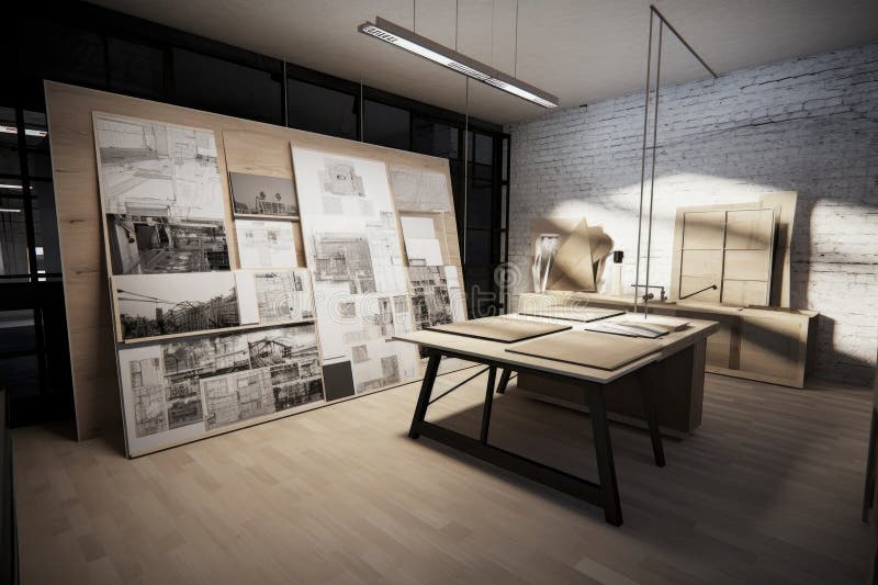Architect S Studio, with Blueprints and Mock-ups of the Proposed ...