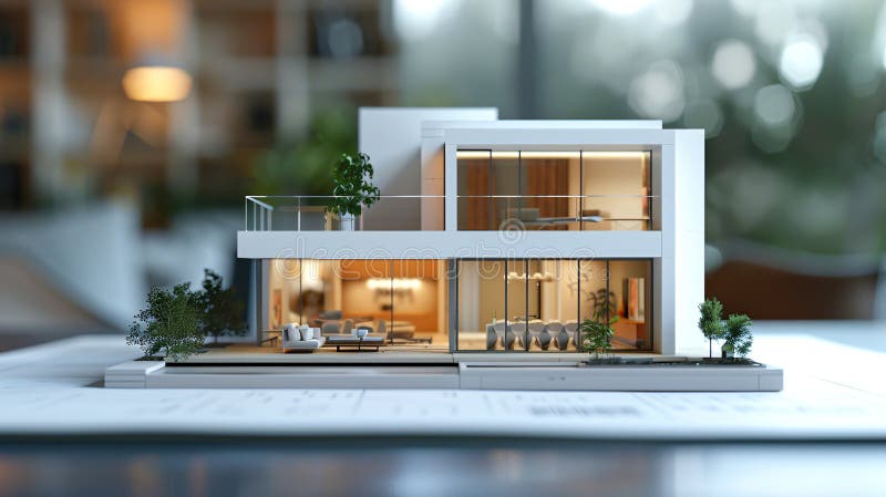 Architect S Vision: Realistic Modern House Model on Architectural Plan ...