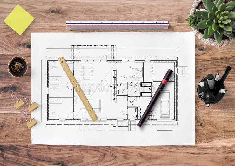 Flat Lay Concept of a Floorplan Illustration with Rulers and Other ...