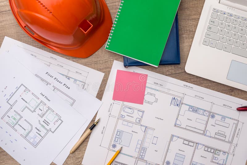 Architect`s Workplace on Wooden Table with New Project Stock Image ...