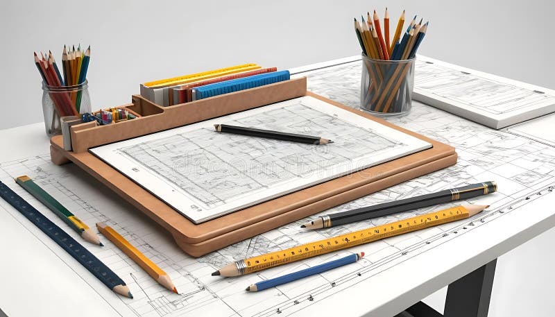 Architect S Workspace: Detailed 3D Render of Design Table with Pencils ...