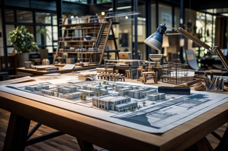Architect S Workspace with Detailed Model and Blueprints Stock ...