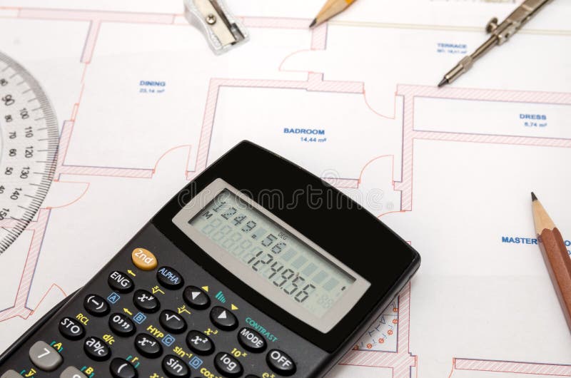 Architect`s Workspace with Plan and Pencil Calculator Stock Image ...