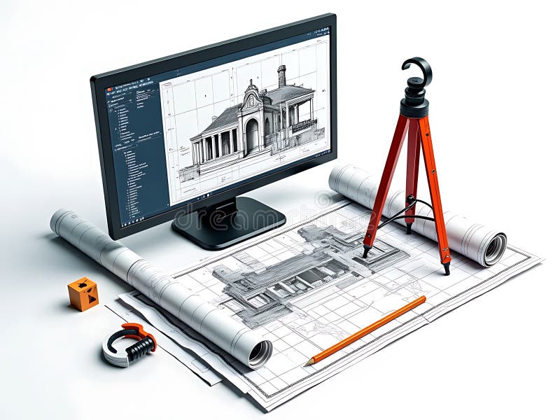 Architect S Workstation with Tools and Blueprint Sketches Stock ...