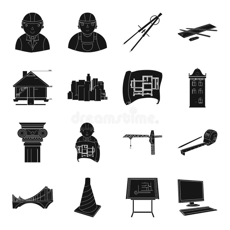 Architect Set Icons in Monochrome Style. Big Collection of Architect ...
