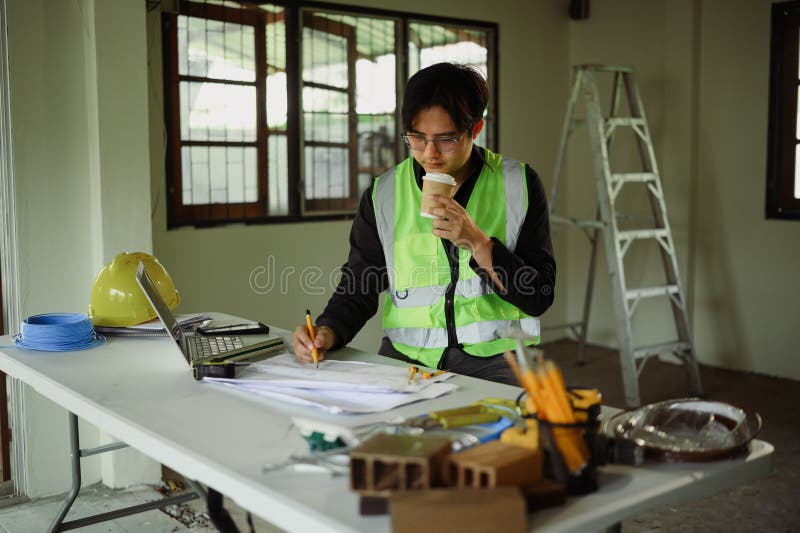 Architect or Site Supervisor Checking Project Details at Work Table ...