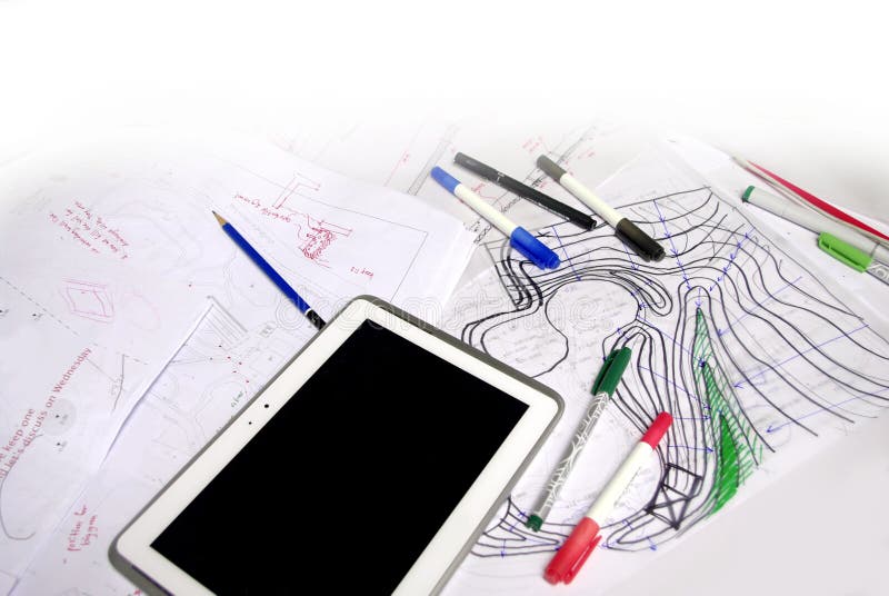 Architect Sketches with, Markers, Pens and Tablet Stock Photo - Image ...