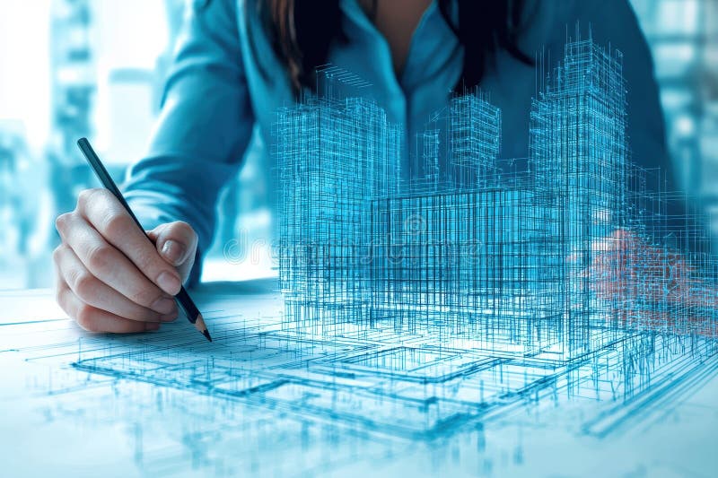 Architect Sketching a Blueprint with Digital Overlay of Construction ...