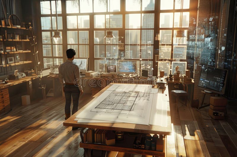 Architect Sketching Blueprints with AI Hologram in Sunlit Studio AIG60 Stock Image - Image of ...