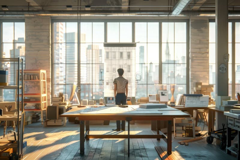 Architect Sketching Blueprints with AI Hologram in Sunlit Studio AIG60 ...