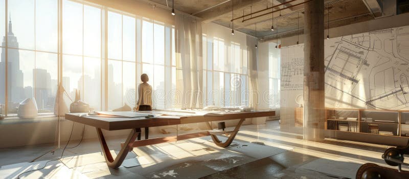 Architect Sketching Blueprints with AI Hologram in Sunlit Studio AIG60 ...