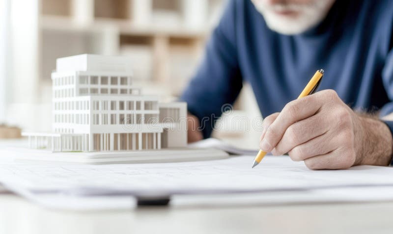 An Architect is Sketching Detailed Building Plans, Using a Scale Model ...