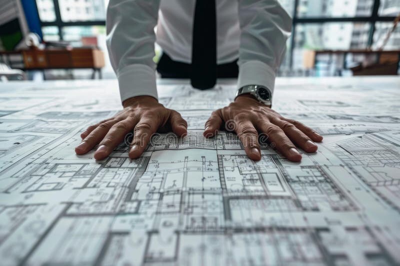Architect Reviewing Blueprints at Table with Hands Resting on Plans ...