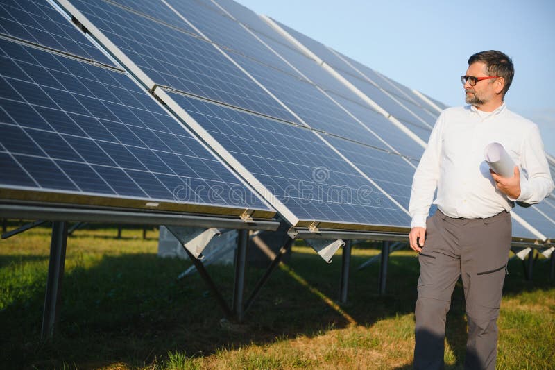 Architect Standing by Solar Panels. Stock Image - Image of ecology ...