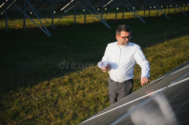 Architect Standing by Solar Panels. Stock Image - Image of construction ...