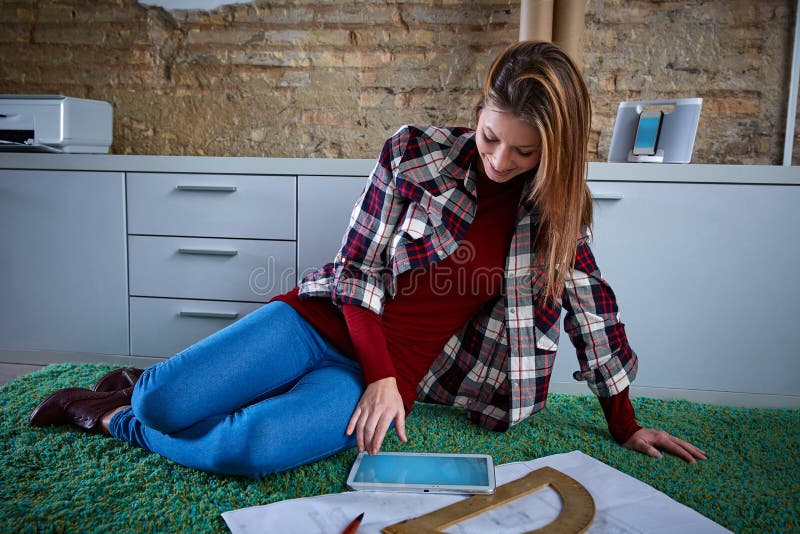 Architect Student Woman at Homework on Carpet Stock Photo - Image of ...