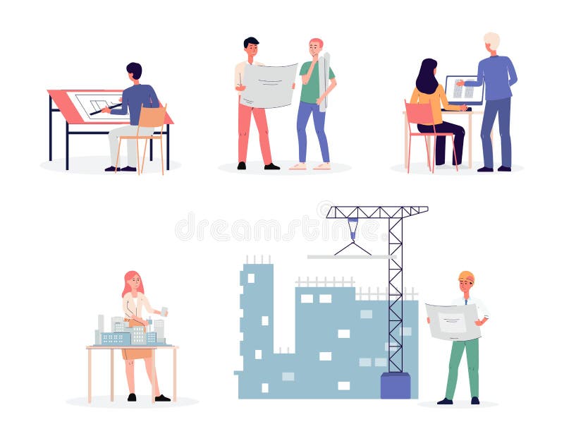 Architect Student and Worker Set Isolated on White Background Stock ...