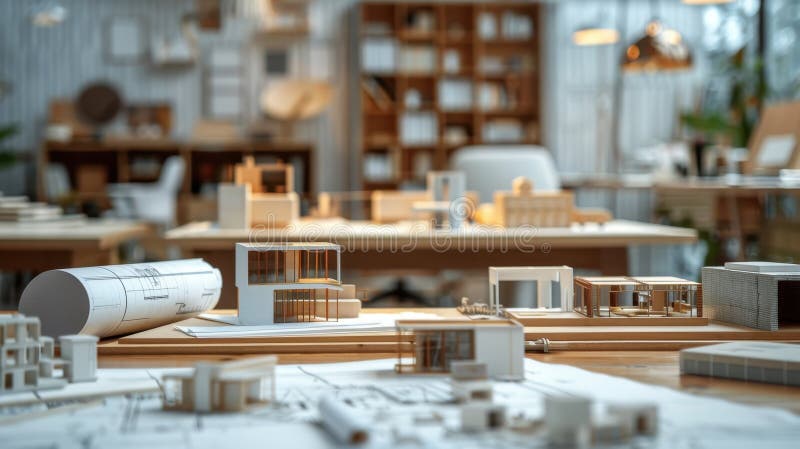 Architect Studio with Blueprints and Scale Models, Detailed and ...
