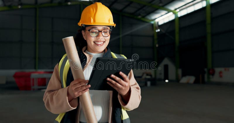 Architect, Tablet and Warehouse Woman, Happy Engineer or Construction ...
