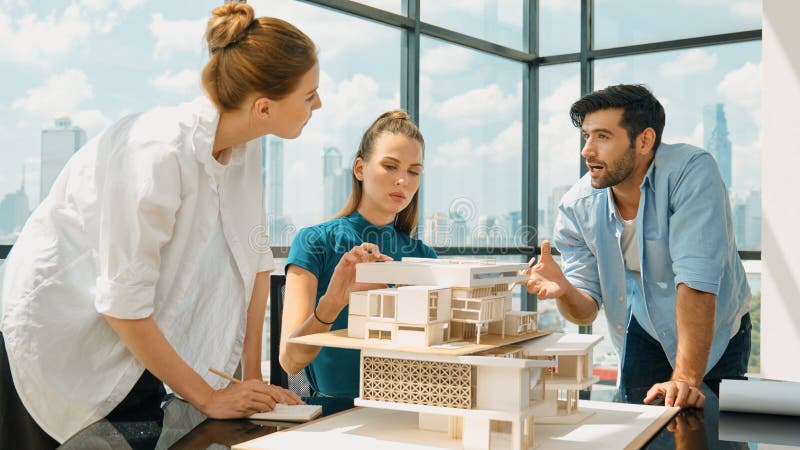 Architect Team Discussion about Design while Worker Present Idea. Tracery Stock Photo - Image of ...